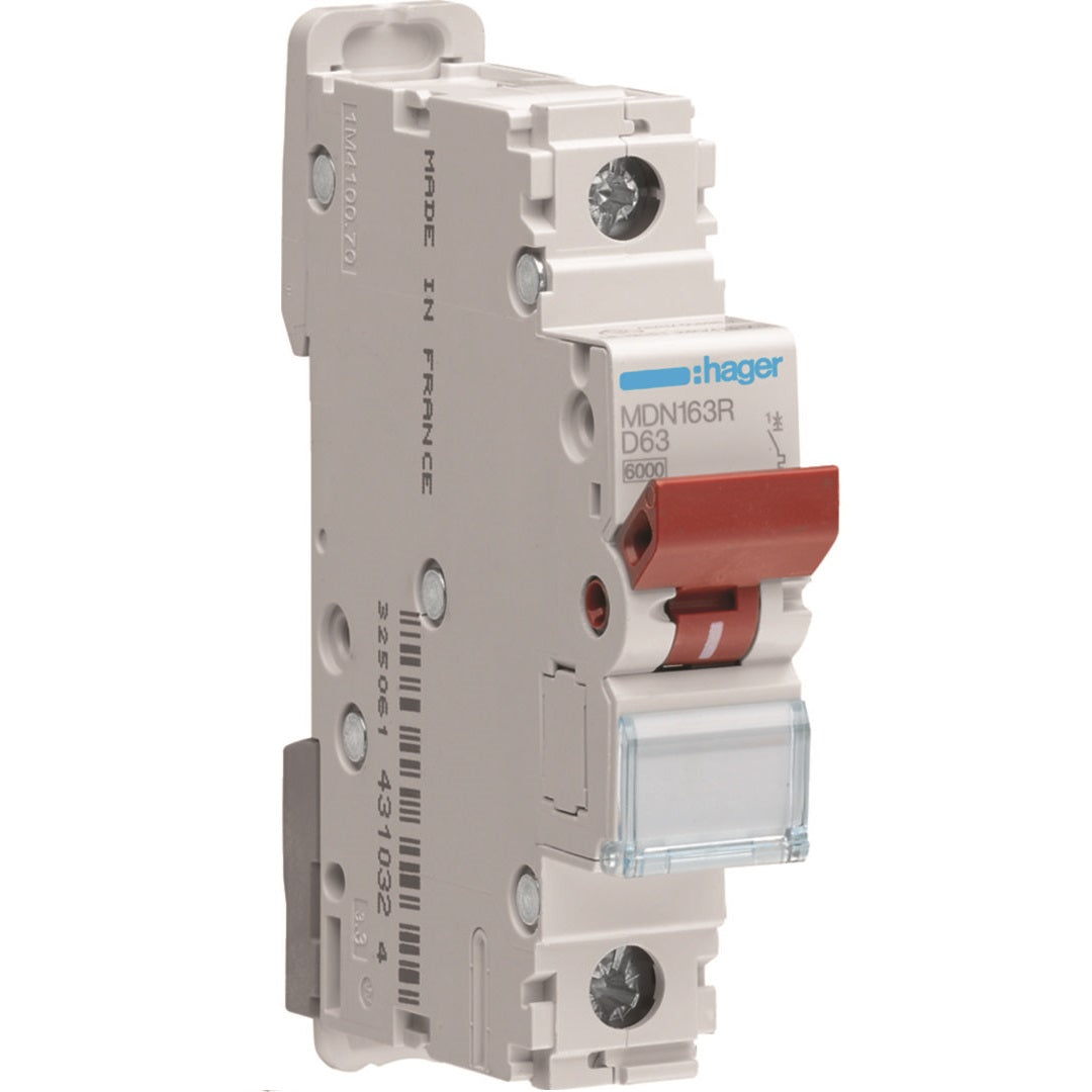 Hager MCB 1P 6kA D-63A 1M Red Toggle — Scott Electrical