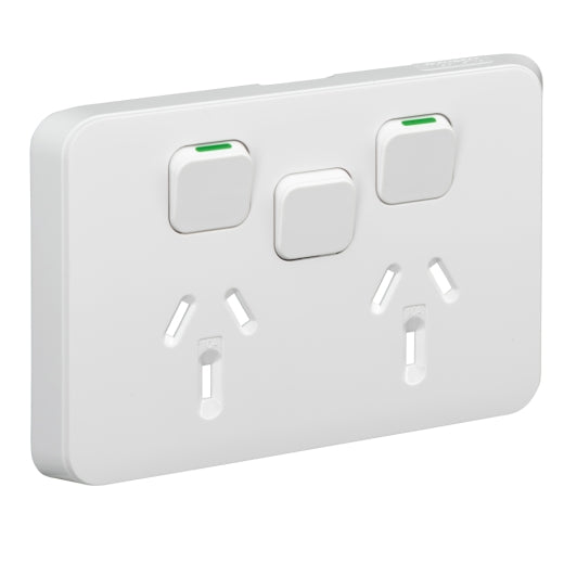 Iconic Skin Socket Sw Hori Twin + Switch 10A Solid White — Scott Electrical