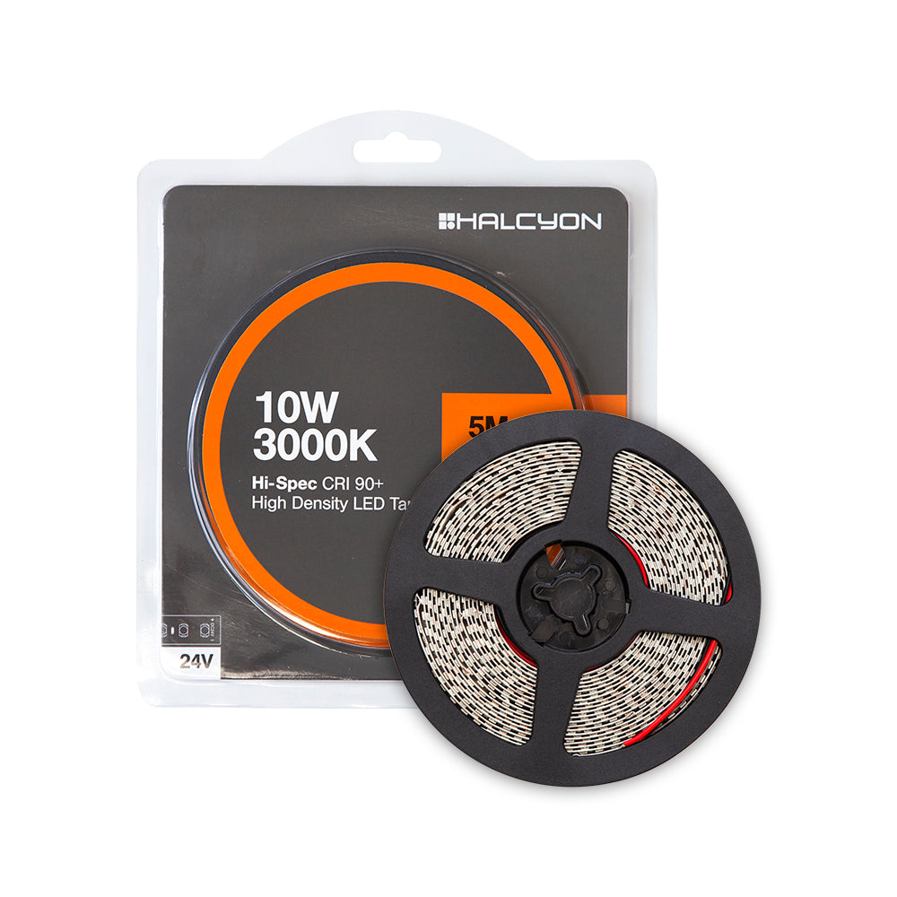 Halcyon LED TAPE 5M (CUT 50mm) 8mm 10W 120/1M 24V DC-WW — Scott Electrical